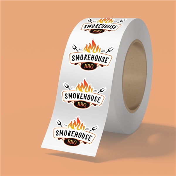 Promotional 2" x 1" BOPP stickers on roll - 3.5mil