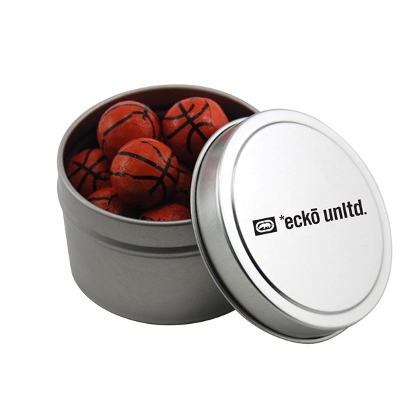 Promotional Round Tin with Chocolate Basketballs