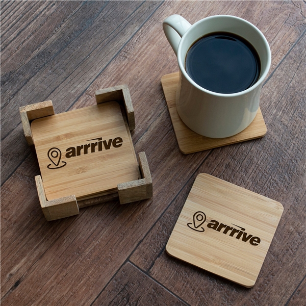 Promotional Bamboo Coasters: 4 Pc. Square Set with Stand