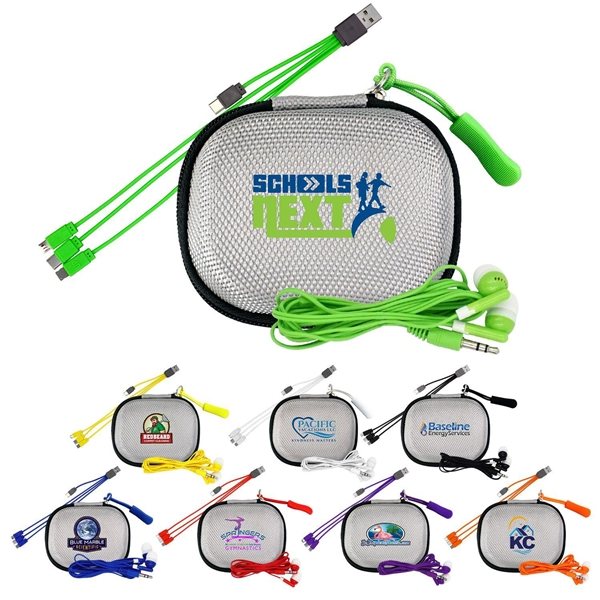 Promotional Mini Tech Set With Multi-USB Cable And Earbuds