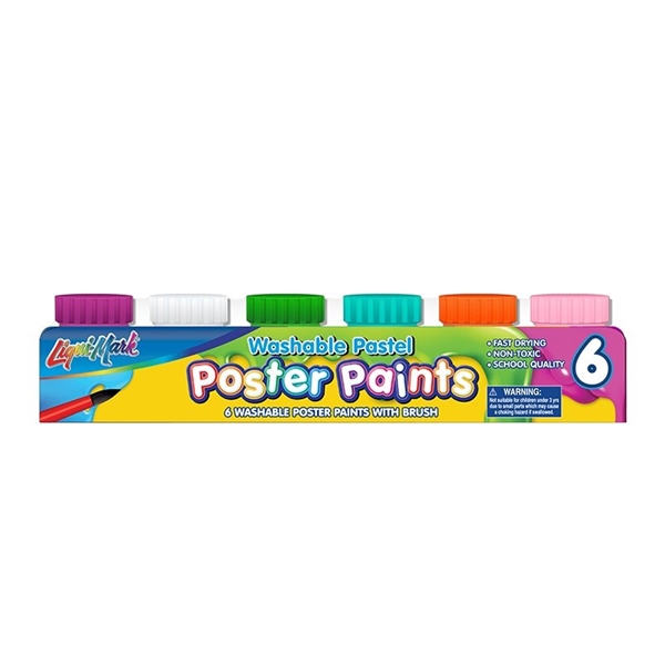 Set of 6 Washable Poster Paints with Brush - Pastel Colors